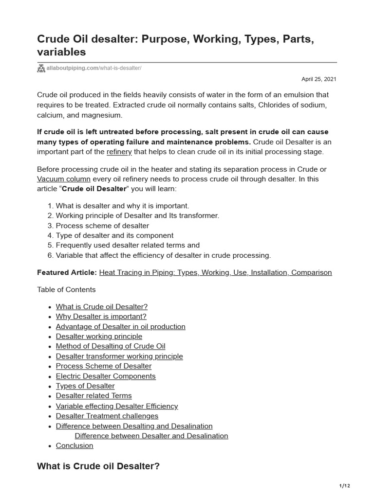 Crude Oil Desalter Purpose Working Types Parts Variables | PDF ...