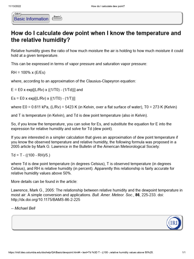 How Do I Calculate Dew Point | PDF
