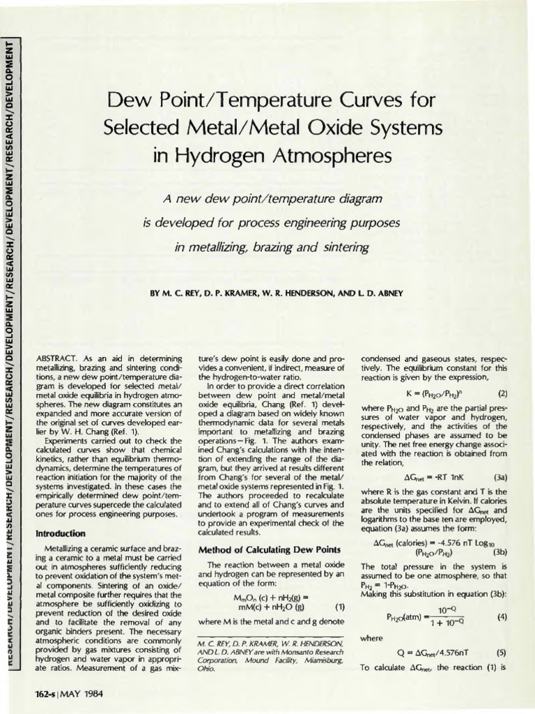 Dew Point/Temperature Curves For Selected Metal/Metal Oxide Systems in ...