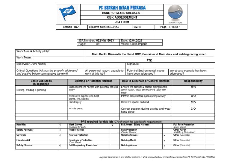 JSA Hot Work | Download Free PDF | Personal Protective Equipment | Safety