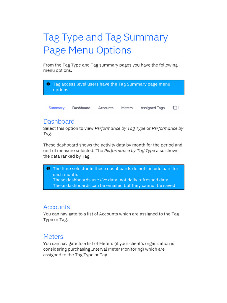 Envizi L4 POX - Tag type and tag summary page menu options | PDF