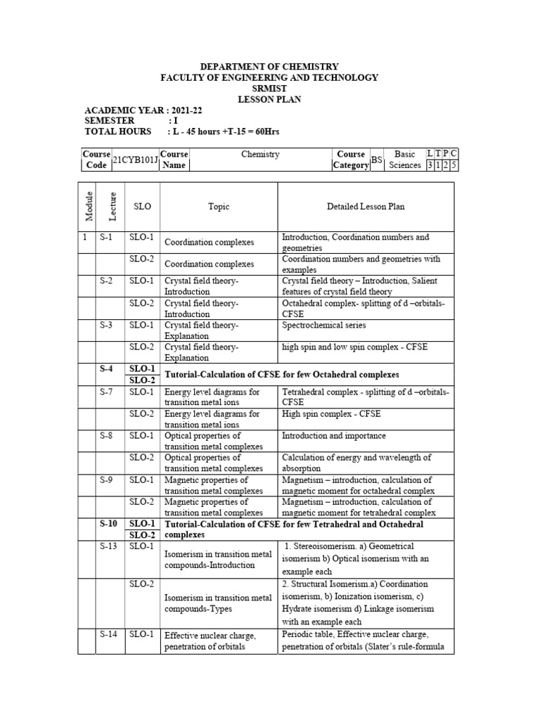 21CYB101J - Theory - Lesson PLan | PDF | Coordination Complex | Gibbs ...