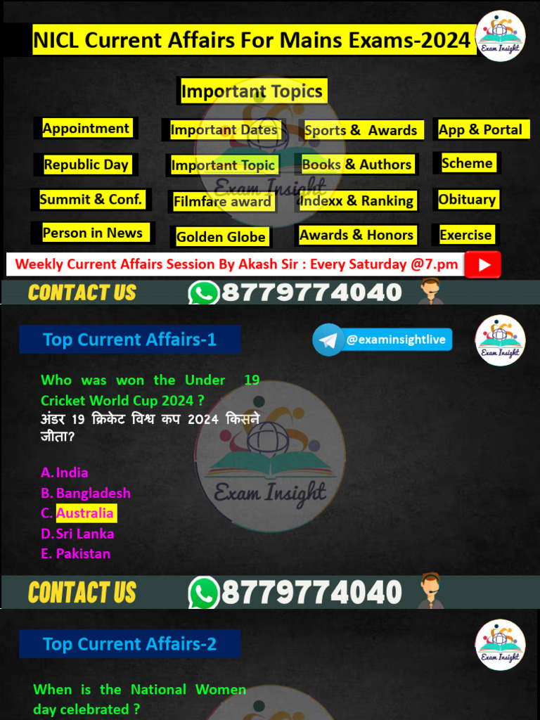 NICL Mains Exam Current Affairs 2024 | PDF | Sports & Recreation