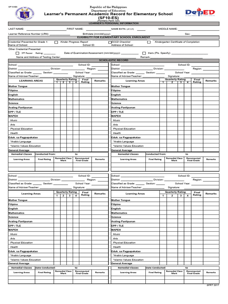 School Form 10 SF10 Learners Permanent Academic Record For Elementary ...