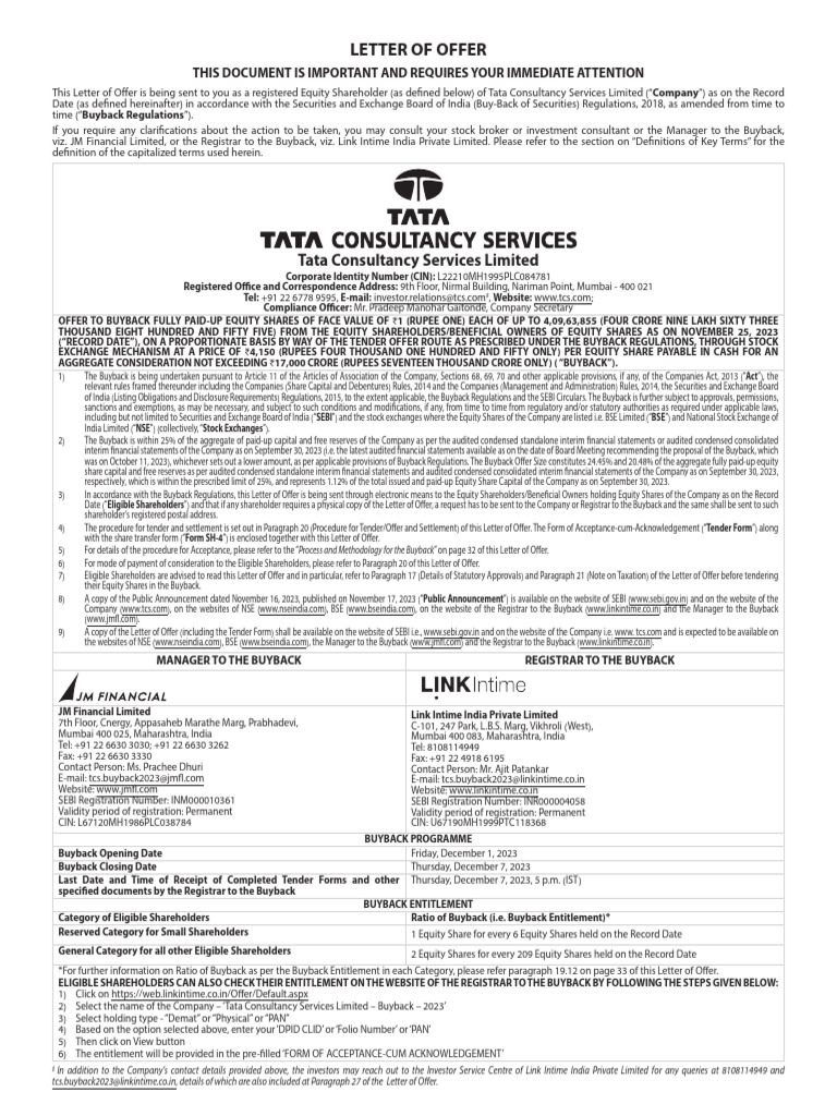 TCS Buyback Offer Letter 2023 | PDF | Share Repurchase | Stocks