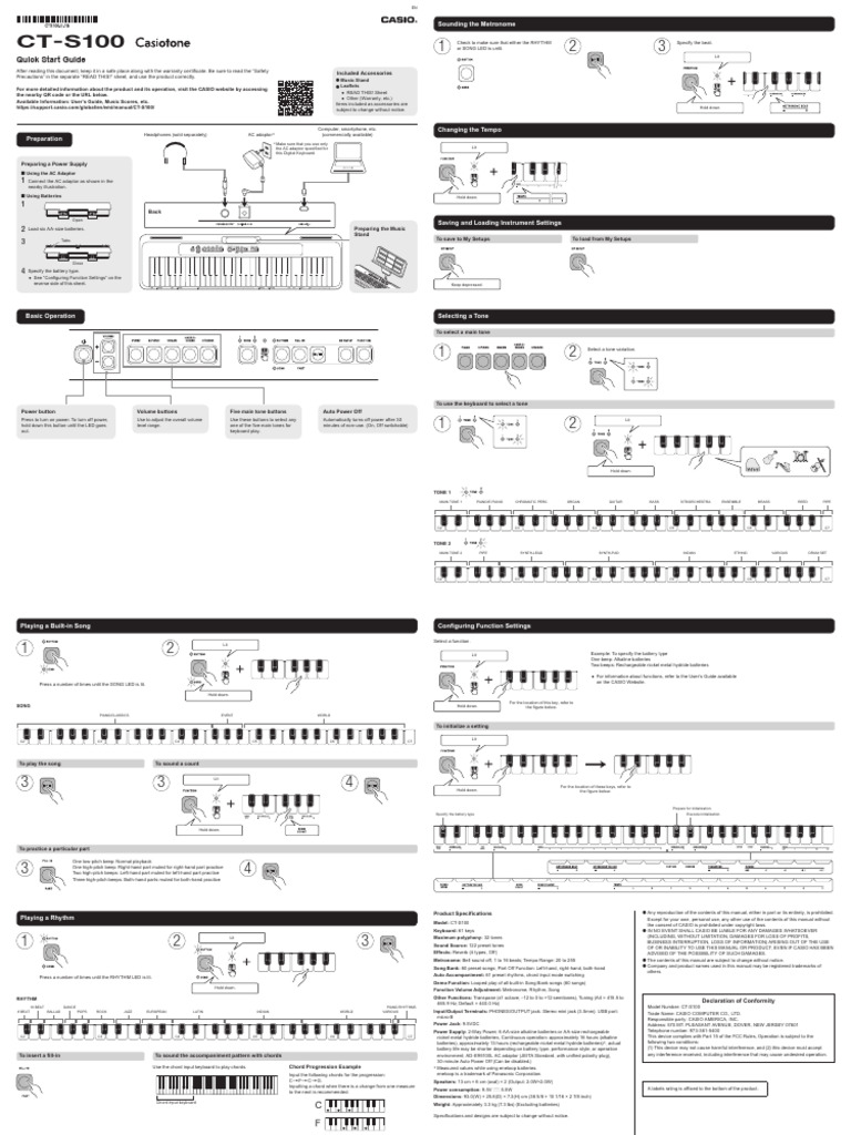 Casio CT-S100 Quick Start Guide | PDF | Rechargeable Battery | Piano
