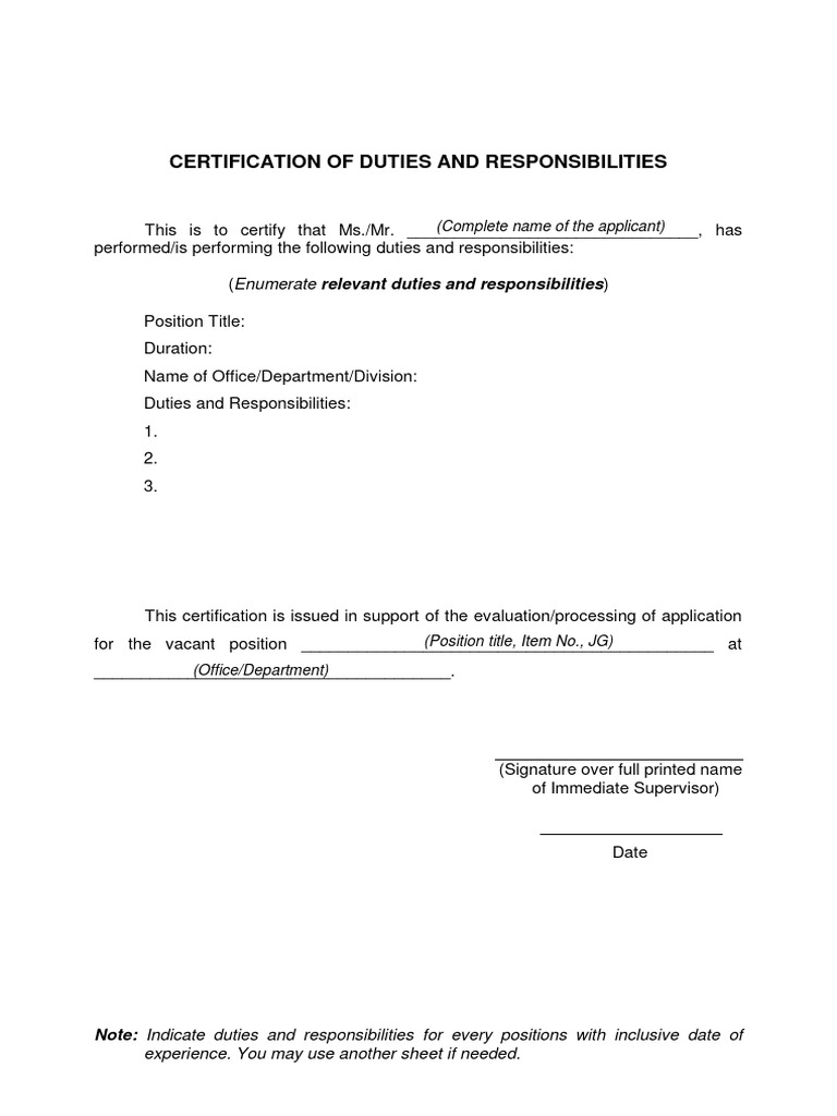 Certification of Duties and Responsibilities | PDF