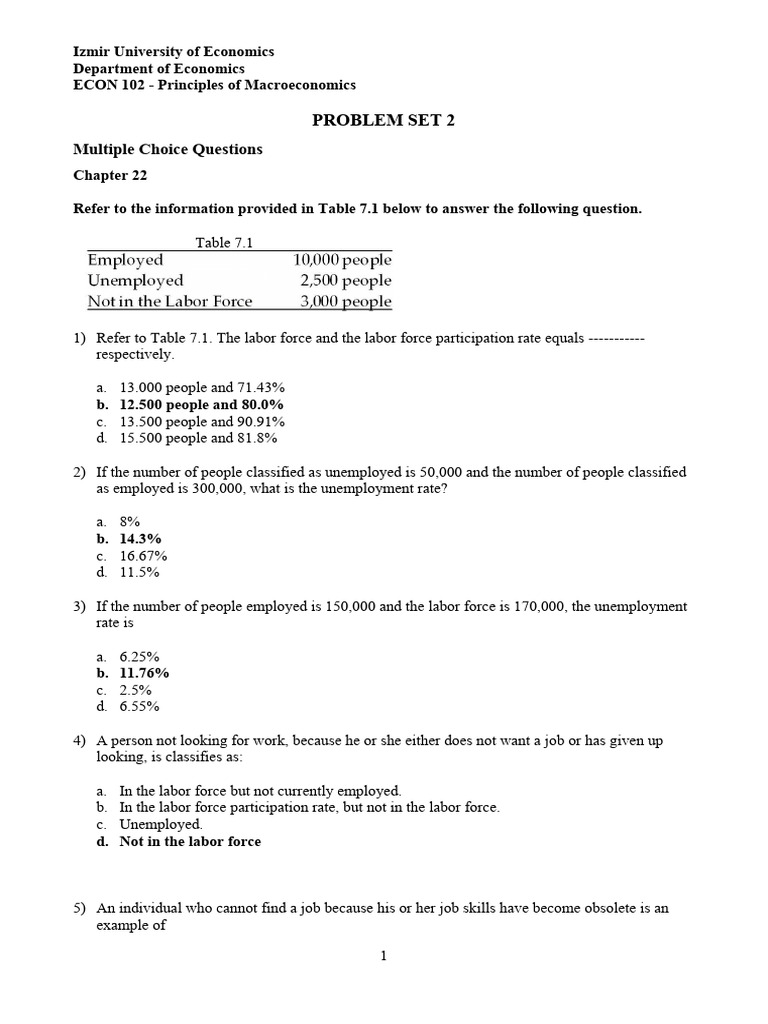 Problem Set 2: Multiple Choice Questions | PDF | Unemployment | Consumption (Economics)