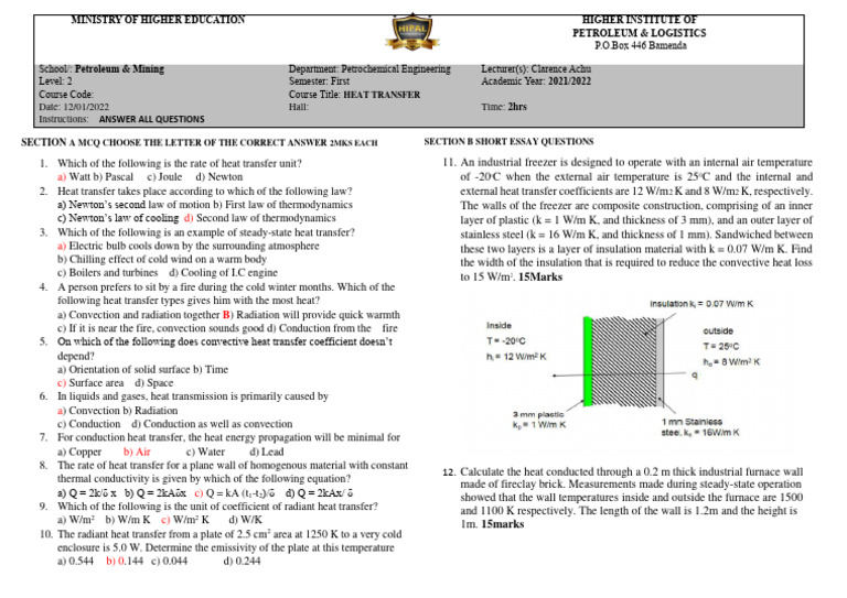 Heat Transfer Exam Questions | PDF | Heat Transfer | Thermal Conduction