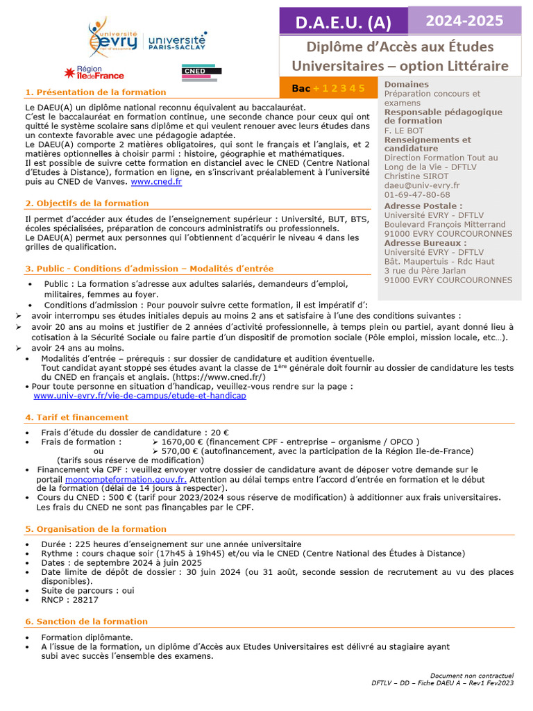Formation DAEU A : Accès Universitaire 2024-2025 | PDF | Formation à ...