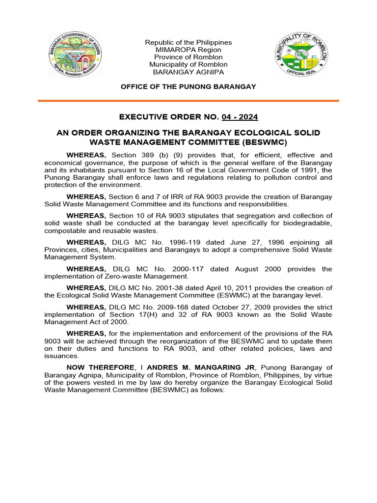 Eo No. 04 Beswmc | PDF | Waste Management | Municipal Solid Waste