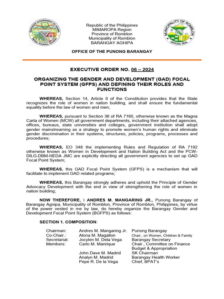 EO NO. 06 (BGFPS ) GAD FOCAL POINT SYSTEM | PDF | Justice | Crime & Violence