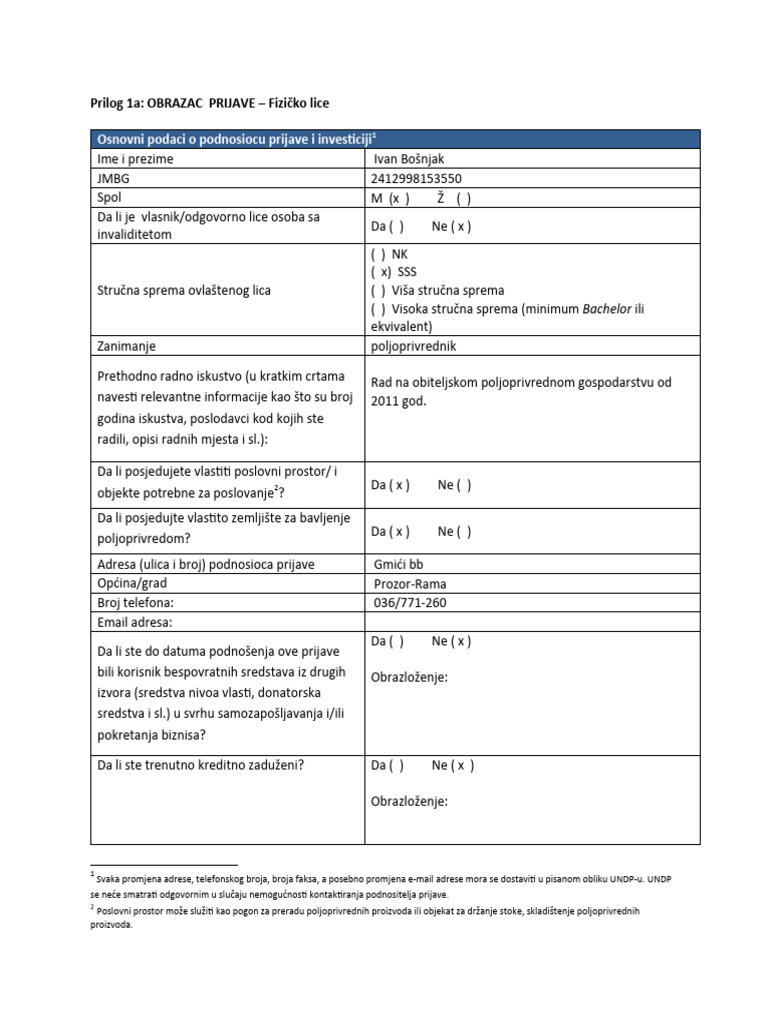 Prilog 1a - OBRAZAC PRIJAVE - Fizicko Lice JP Start Up | PDF