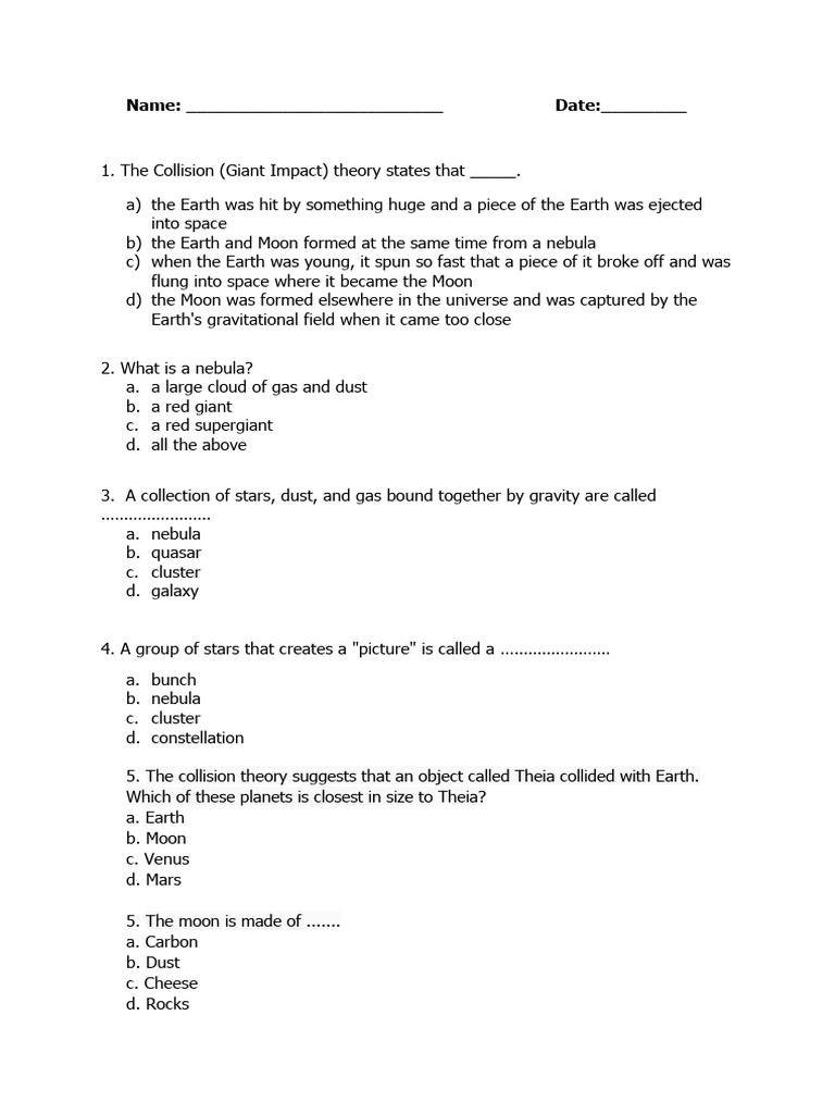 Class 8 Formation of Moon, Nebulae | PDF | Giant Impact Hypothesis | Moon