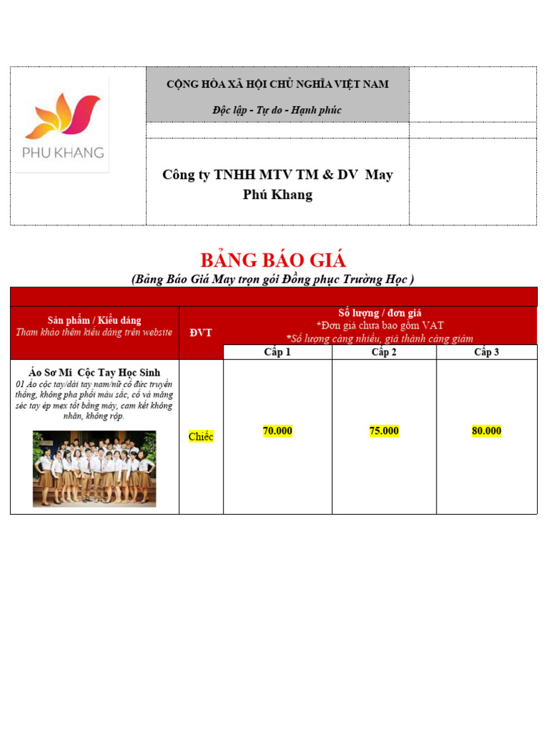 Bảng Báo Giá Đồng Phục C1,C2,C3 2024 | PDF