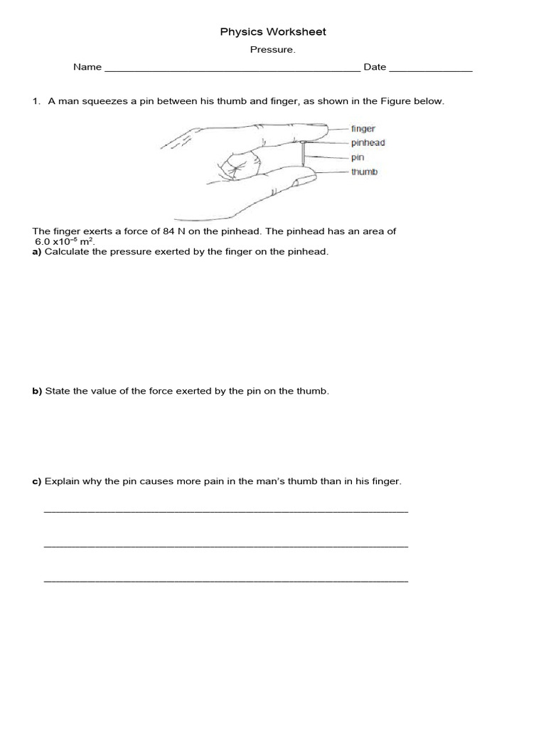 Grade 7 Pressure Physics Worksheet | PDF | Pressure | Force