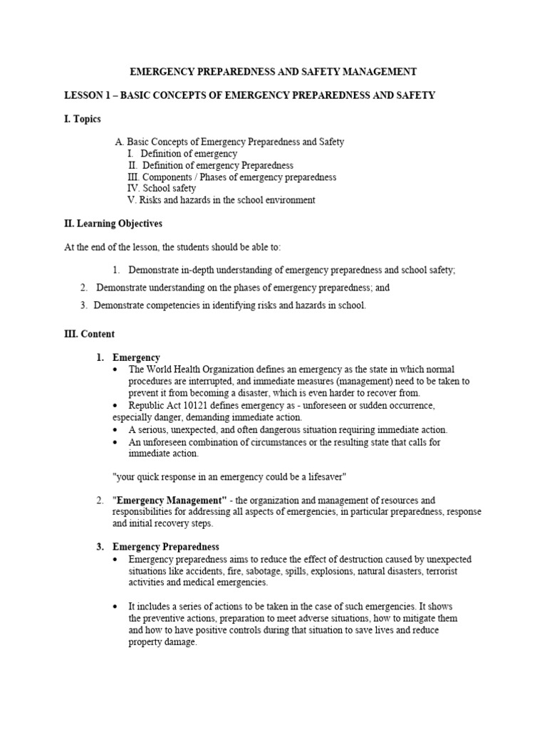 Lesson 1 Emergency Preparedness and Safety Management | PDF | Emergency ...