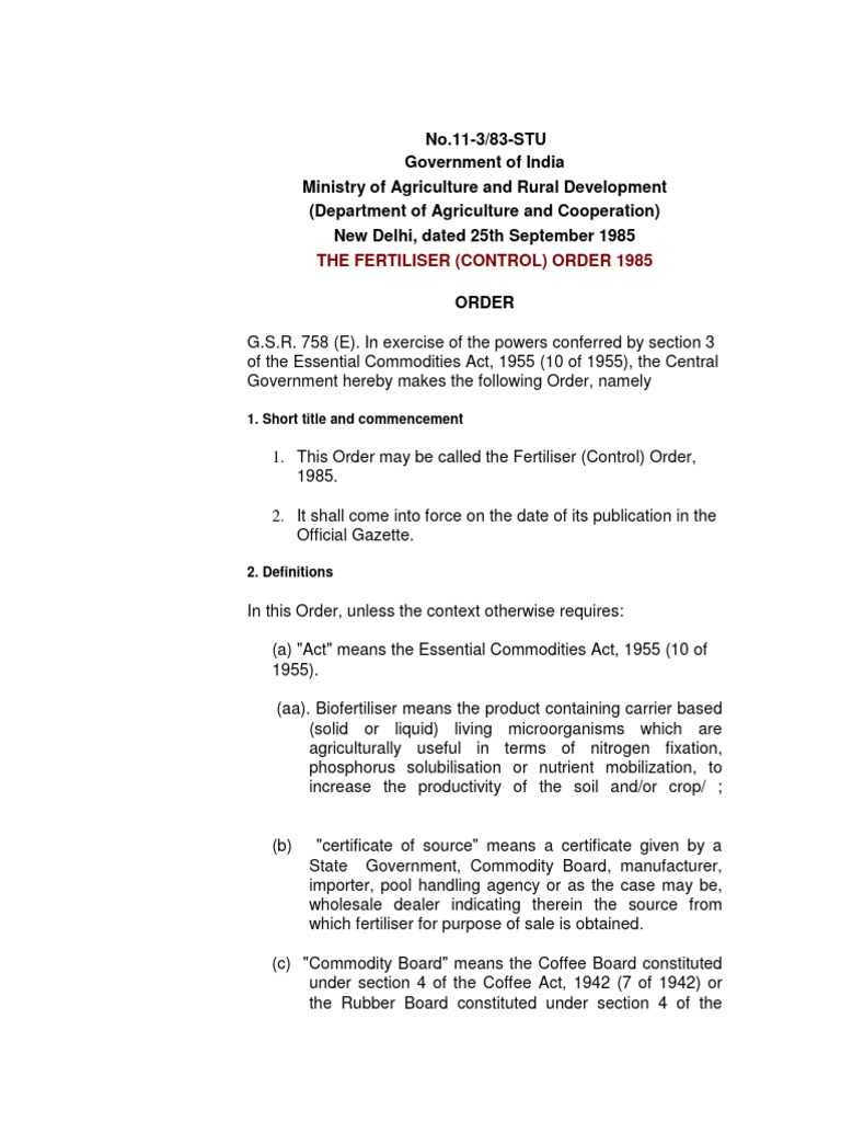 Fertilizer Control Order 1985 Overview | PDF | Fertilizer