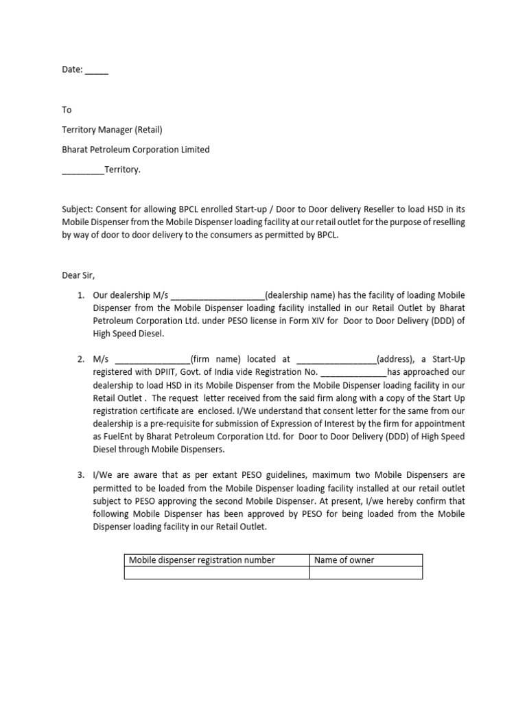 BPCL Consent for Mobile Dispenser Loading | PDF