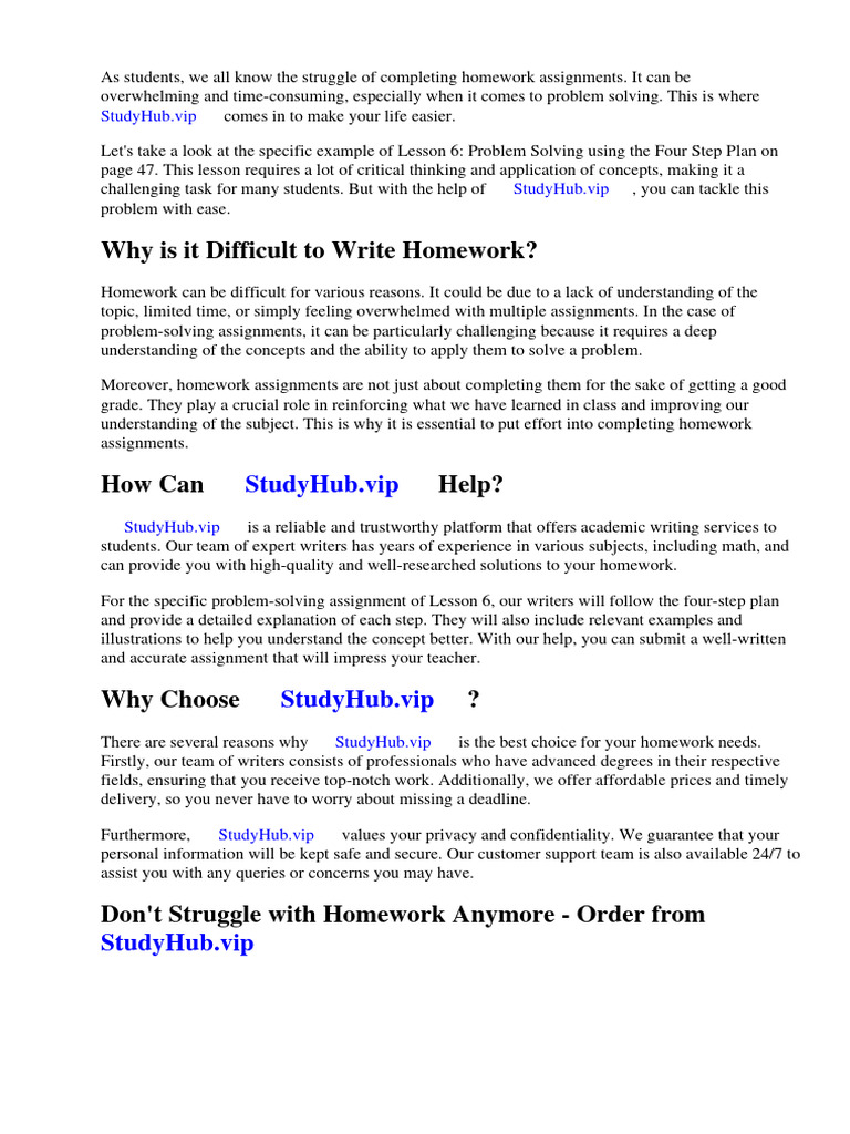 My Homework Lesson 6 Problem Solving Use The Four Step Plan Page 47 ... My Homework Lesson 6 Problem Solving Use The Four Step Plan Page 47 ...