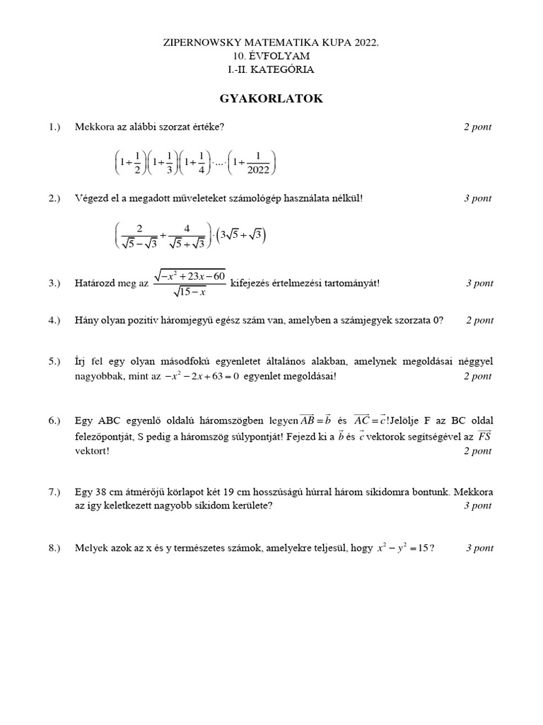 Zipi Kupa I. - II. Kat. 10. Évf. Feladatsor 2022 | PDF