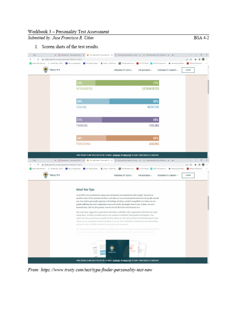 Workbook 3 - Personality Test Assessment - Udan, Jose Francisco R ...