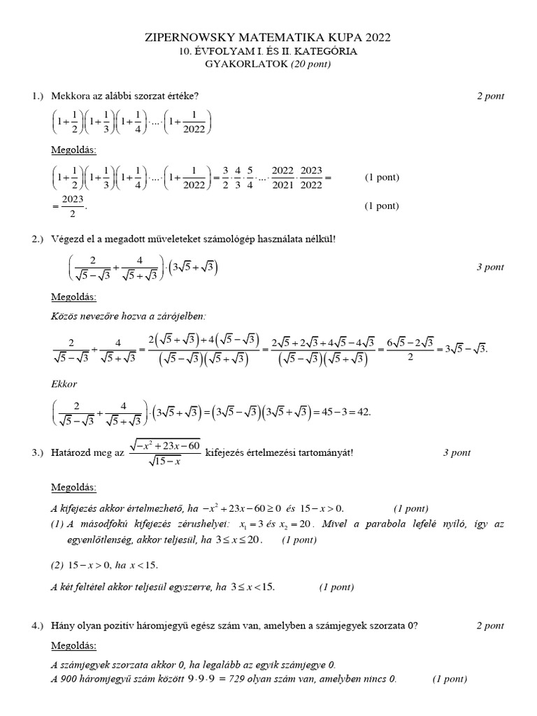 Zipi Kupa I.-II. Kat 10. Évf. Javítókulcs 2022 | PDF