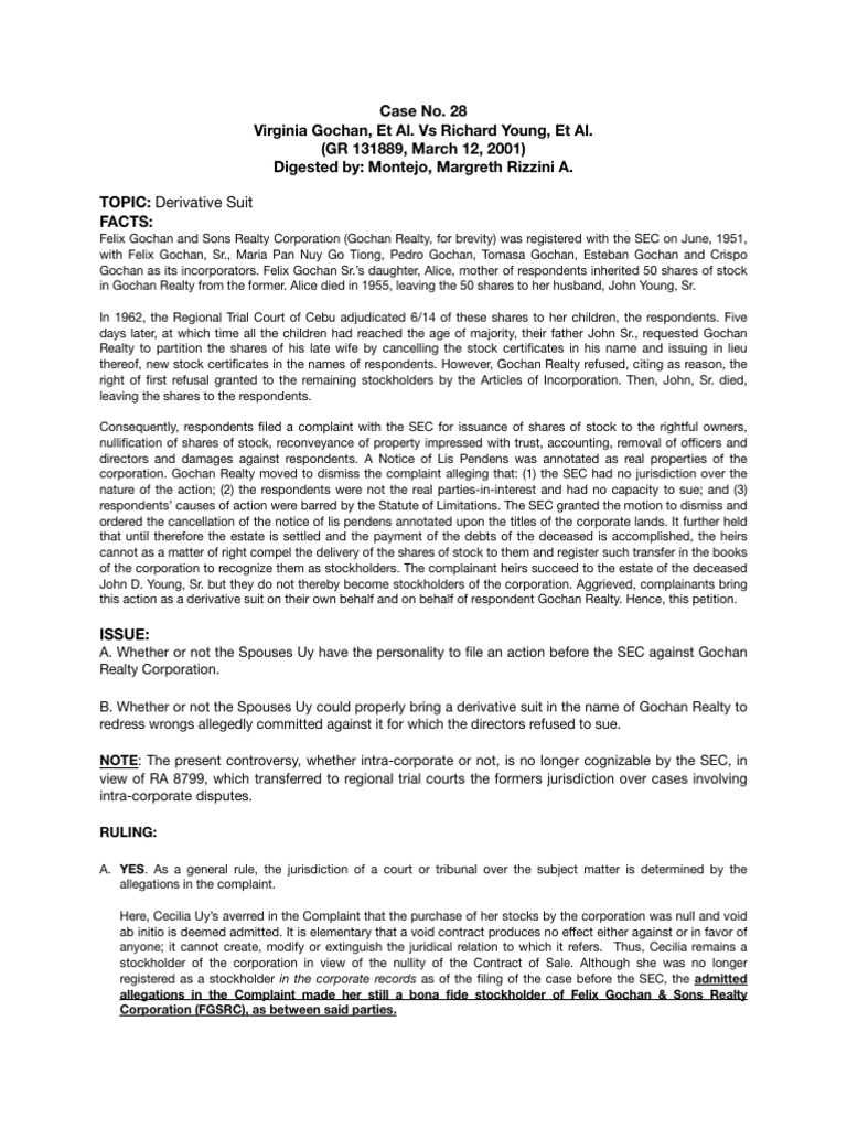 Case 28 - Gochan Vs Young | PDF | Lawsuit | Corporations