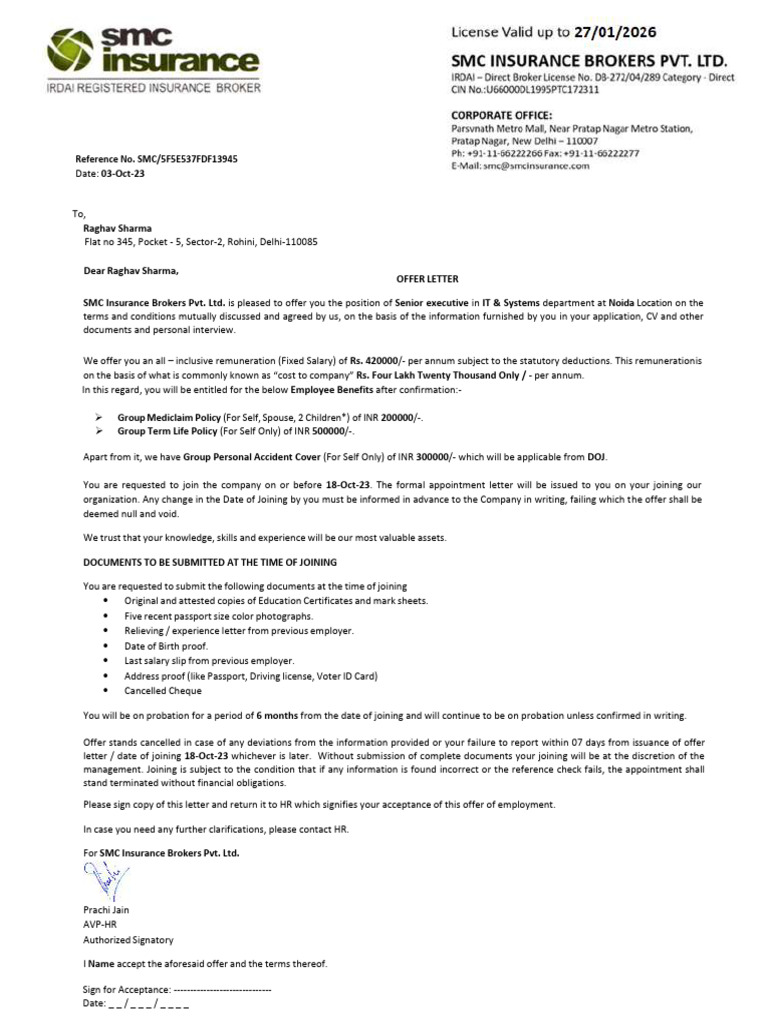 SMC Offer Letter - Raghav Sharma | PDF
