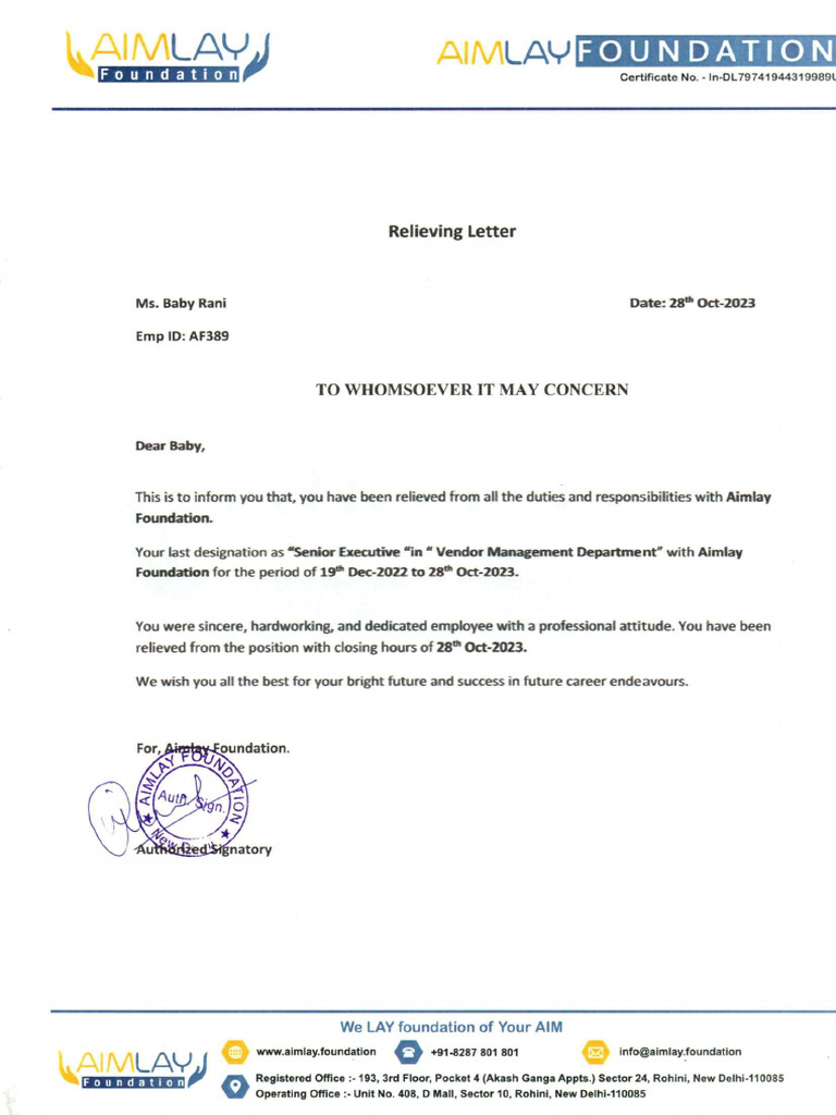 Baby Rani Relieving Letter | PDF