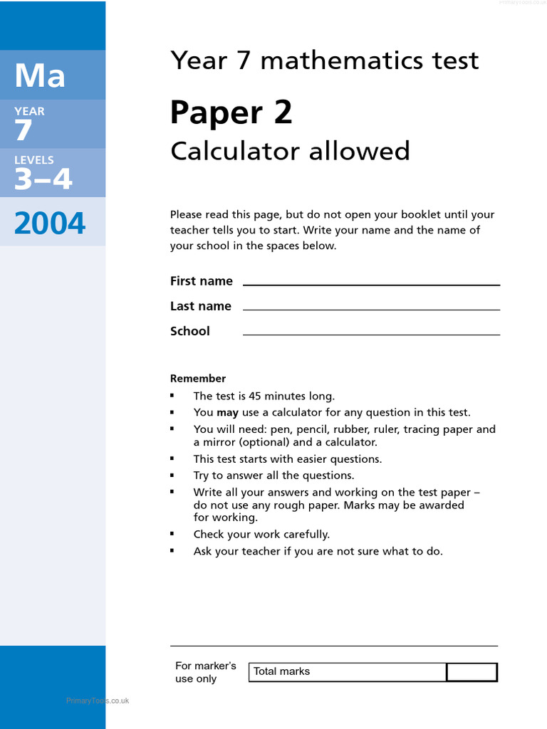 Paper 2: Year 7 Mathematics Test | PDF | Area