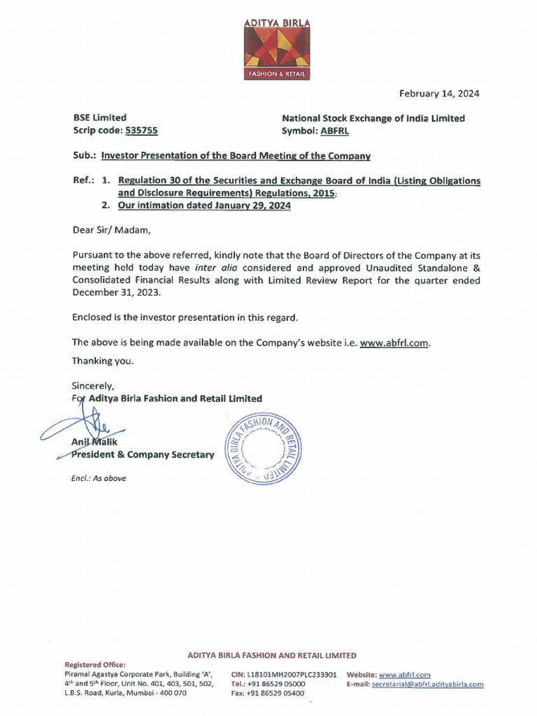 ABFRL Q3 FY24 Financial Results | PDF | Expense | Retail