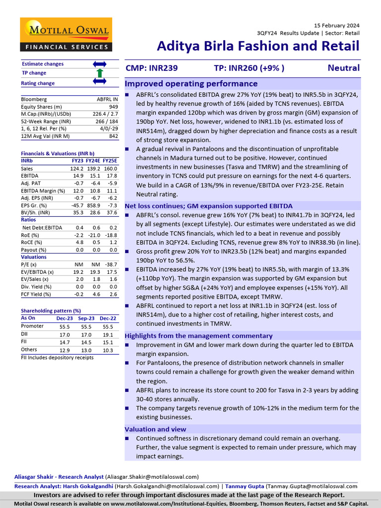 Abfrl 20240215 Mosl Ru PG012 | PDF | Financial Accounting | Economies