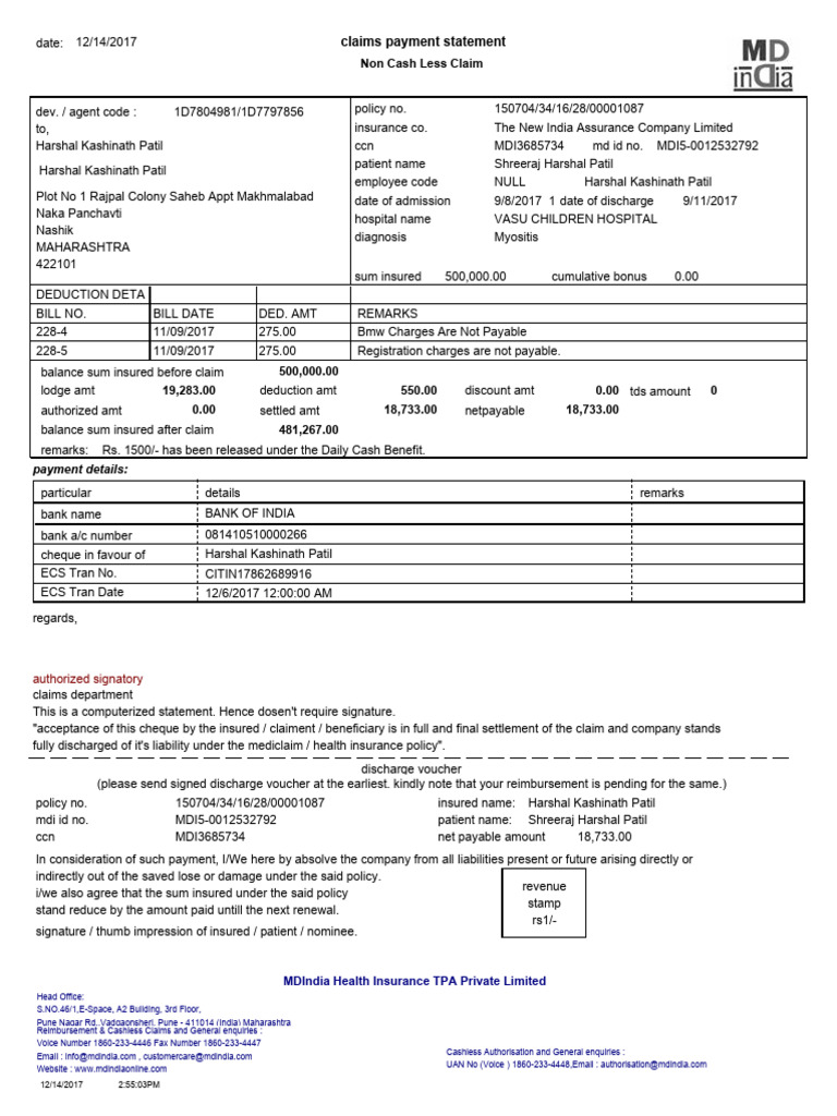 Non Cash Less Claim: Claims Payment Statement | Download Free PDF ...