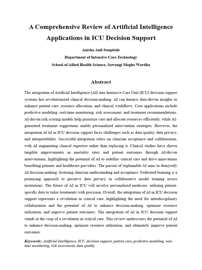 A Comprehensive Review of Artificial Intelligence Applications in ICU Decision Support | PDF ...