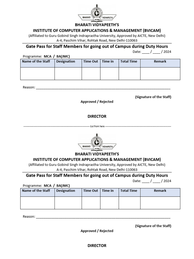 Gate Pass For Staff Members For Going Out of Campus Version 1.0 Dated ...