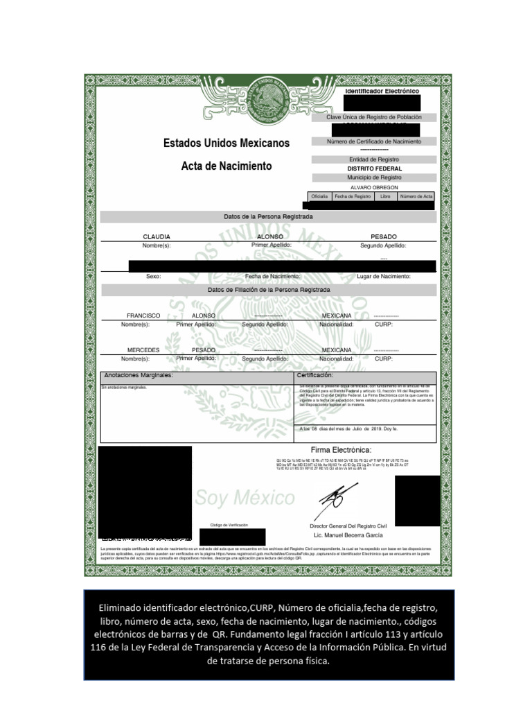 Acta de Nacimiento de Claudia Alonso | PDF | Control de acceso | Directorios