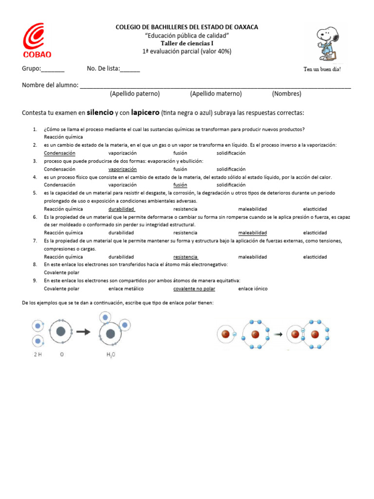 Examen de Taller de Ciencias I | PDF | Enlace químico | Enlace covalente Examen de Taller de Ciencias I | PDF | Enlace químico | Enlace covalente