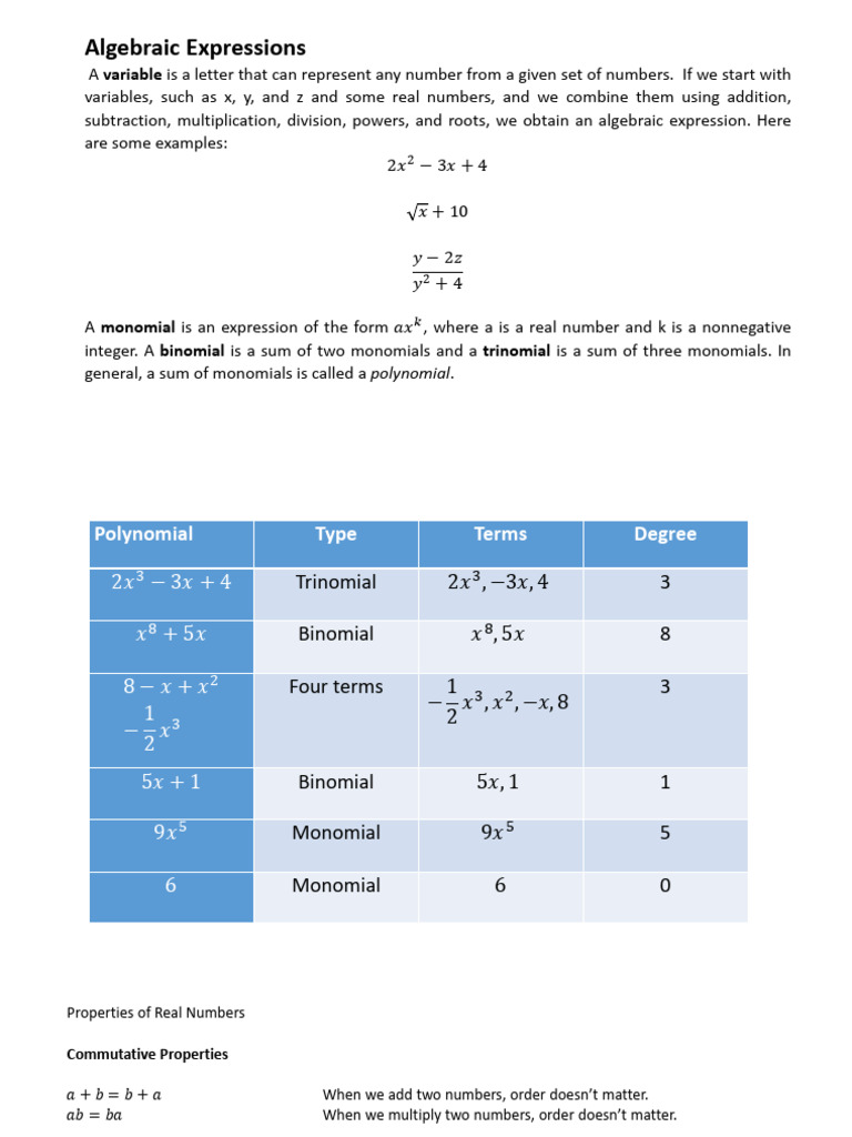 Lesson 4 - ALGEBRAIC EXPRESSIONS | PDF | Polynomial | Mathematics