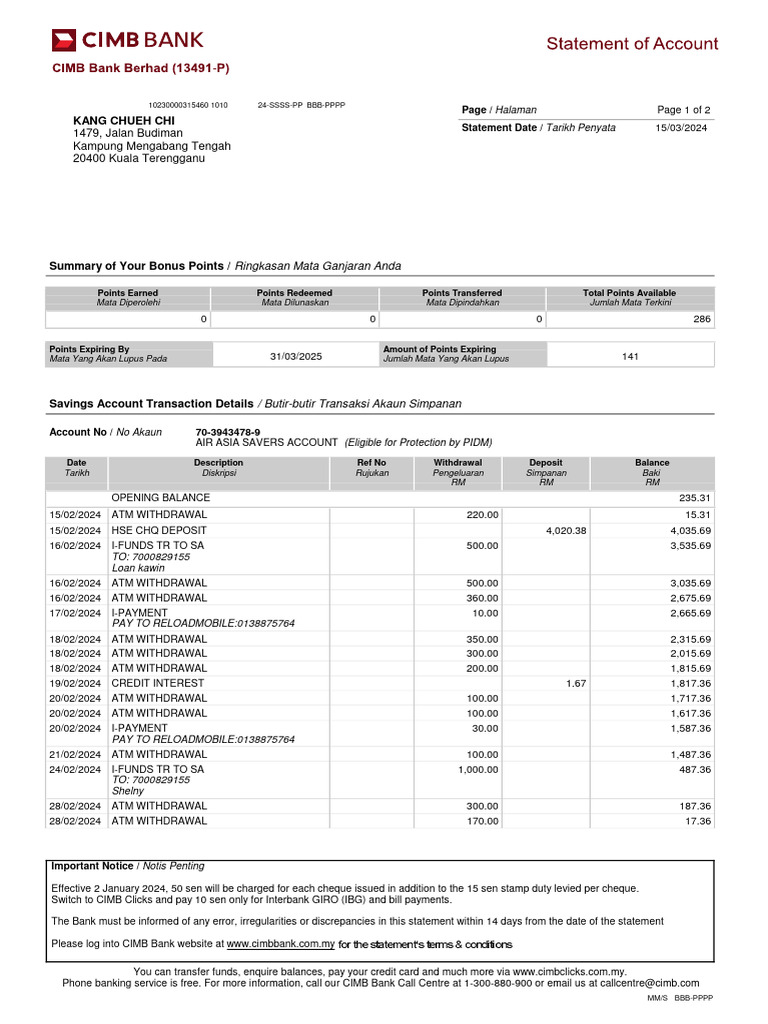 Bank Statement-Malaysia CIMB Bank Account Statement PDF | PDF | Banks | Automated Teller Machine