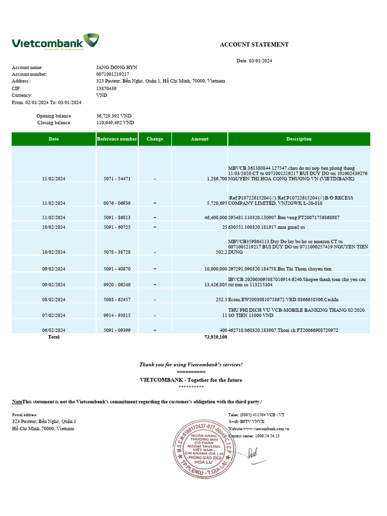 Bank Statement-Vietnam Vietcombank Statement PDF | PDF | Vietnam