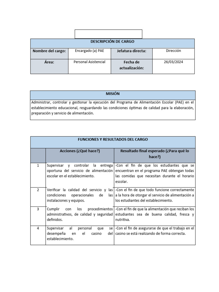 Descriptor de Cargo - Encargado (A) PAE | PDF