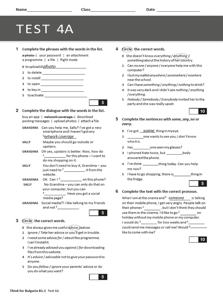 Think b1.1 Unit 4 Test A | PDF