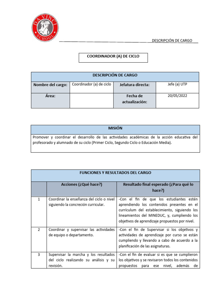 Descriptor de Cargo - Coordinador (A) de Ciclo | PDF | Plan de estudios | Enseñando