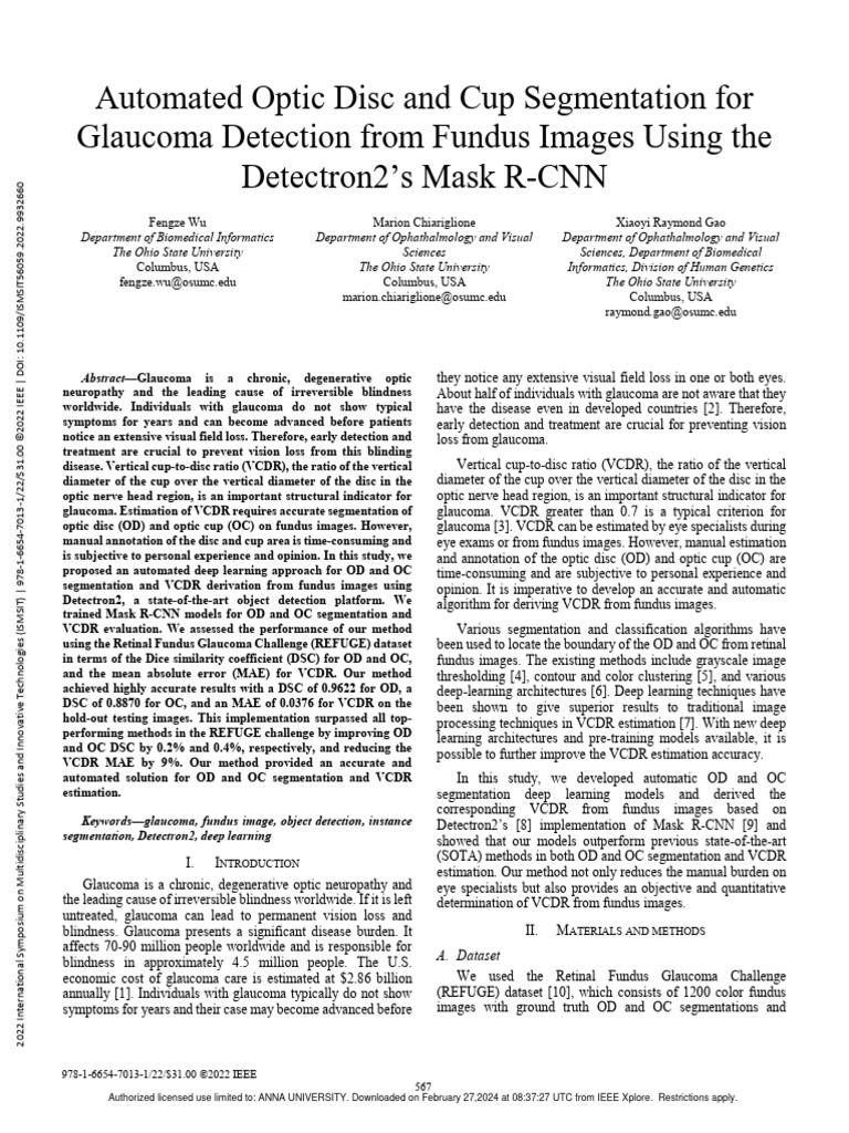 Automated Optic Disc and Cup Segmentation For Glaucoma Detection From Fundus Images Using The ...