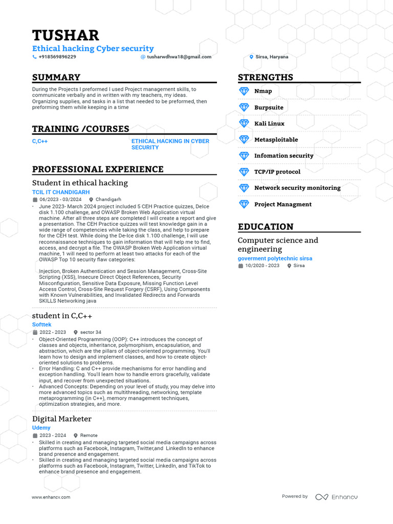 Tushar Resume | PDF | C++ | Computer Security
