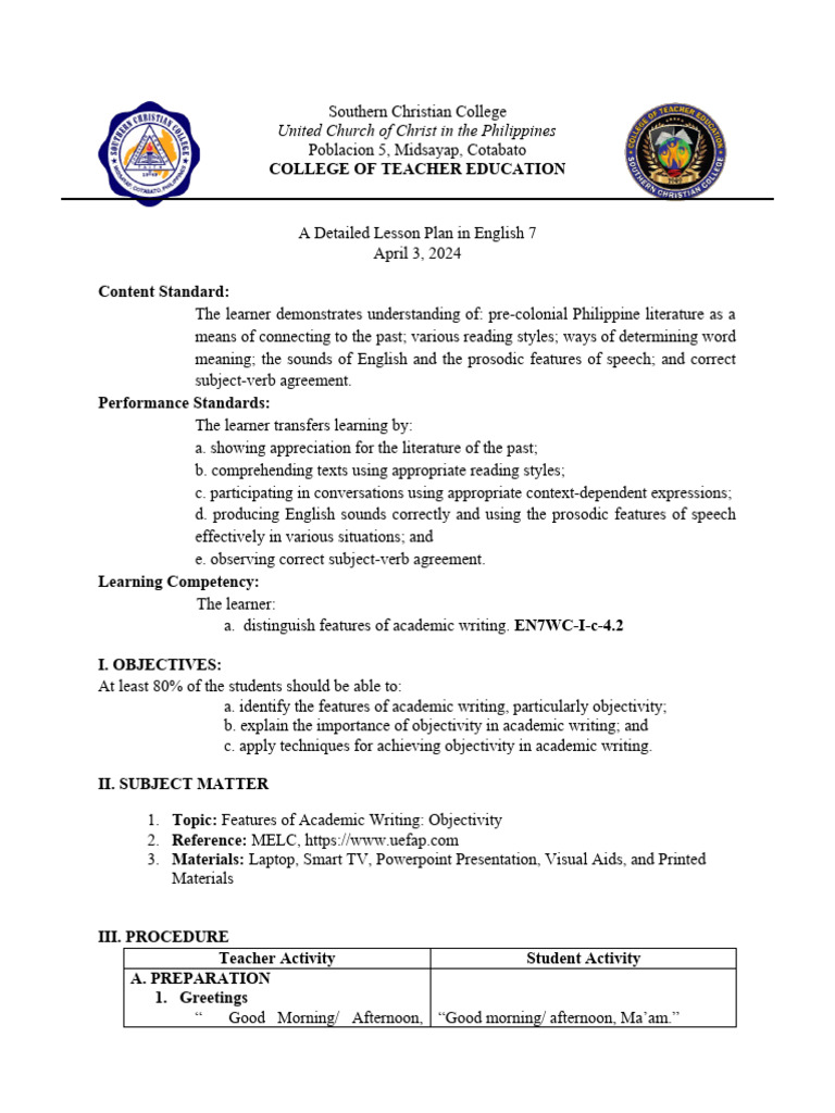 34 Features of Acad Writing Objectivity Detailed Lesson Plan | PDF ...