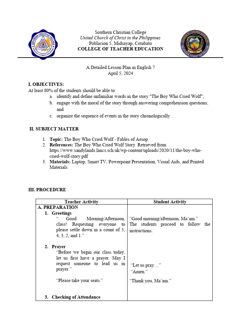 36 The Boy Who Cried Wolf Detailed Lesson Plan | PDF | Prayer | Teachers