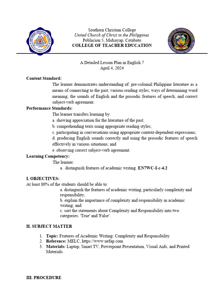 35 features of acad writing complexity and responsibility detailed lesson plan | PDF | Reading ...