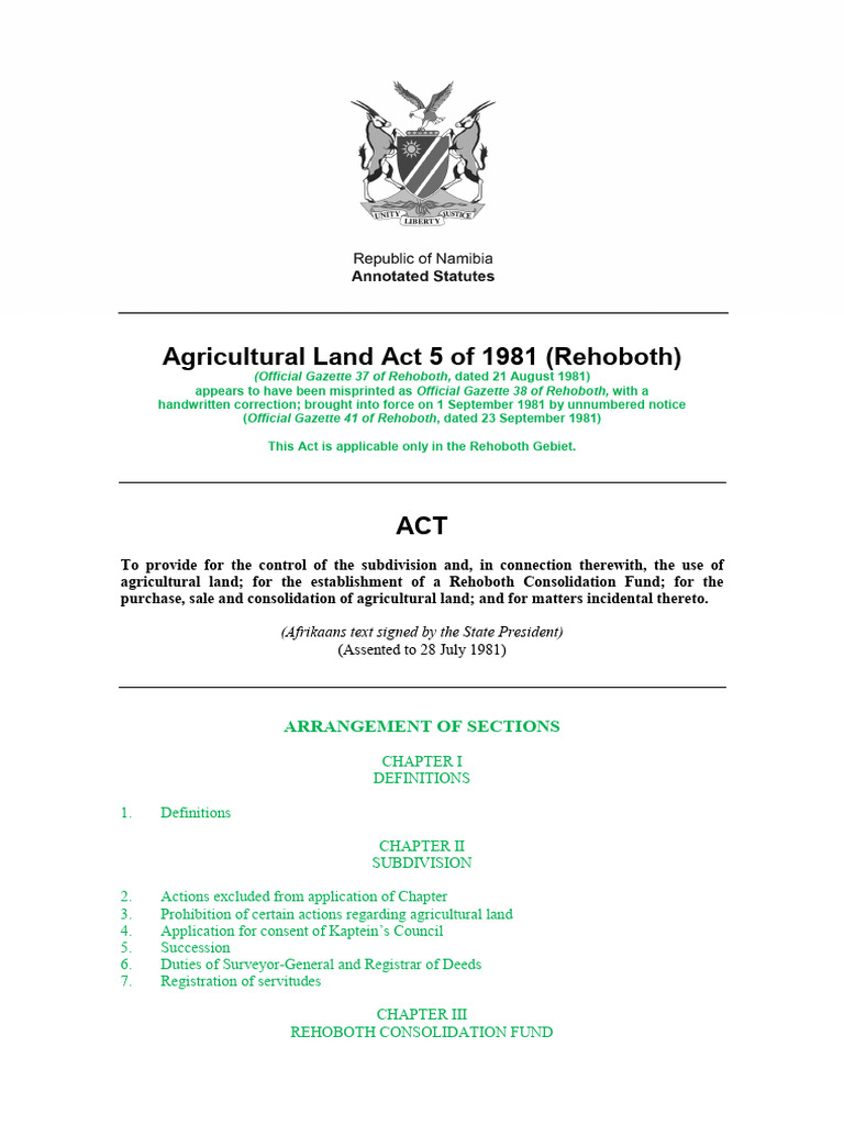 Agricultural Land Act 5 of 1981 (Rehoboth) | PDF | Lease | Repeal